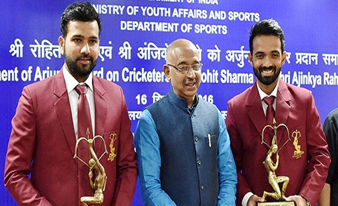 Ajinkya Rahane and Rohit Sharma honored with Arjuna Award Ajinkya Rahane and Rohit Sharma honored with Arjuna Award